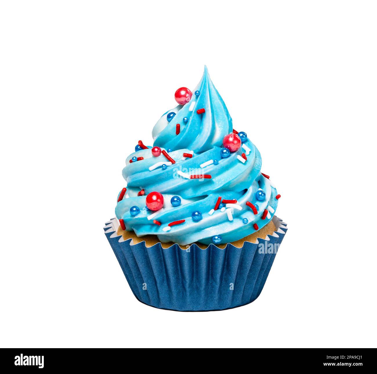 Blue buttercream birthday cupcake with red sprinkles icing isolated on a pure white background ...