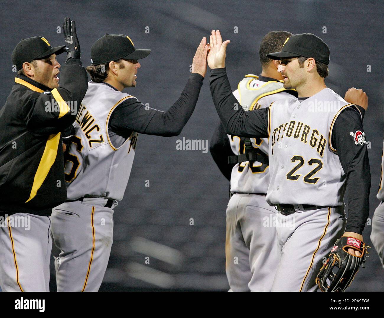 Pittsburgh Pirates' Xavier Nady (22) celebrates with teammate Doug ...