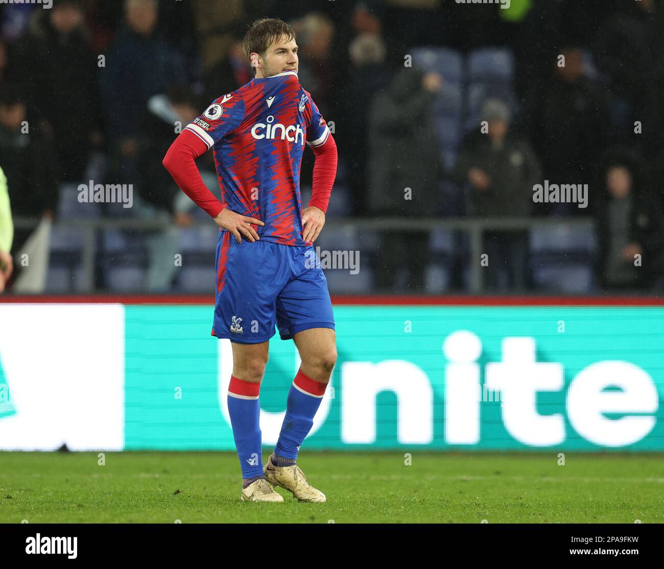 London, UK. 11th Mar, 2023. Joachim Andersen of Crystal Palace reacts ...