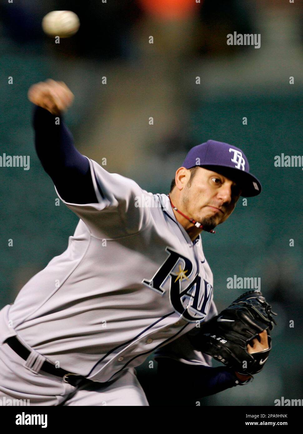 Tampa Bay Rays pitcher Matt Garza throws to a Baltimore Orioles batter ...