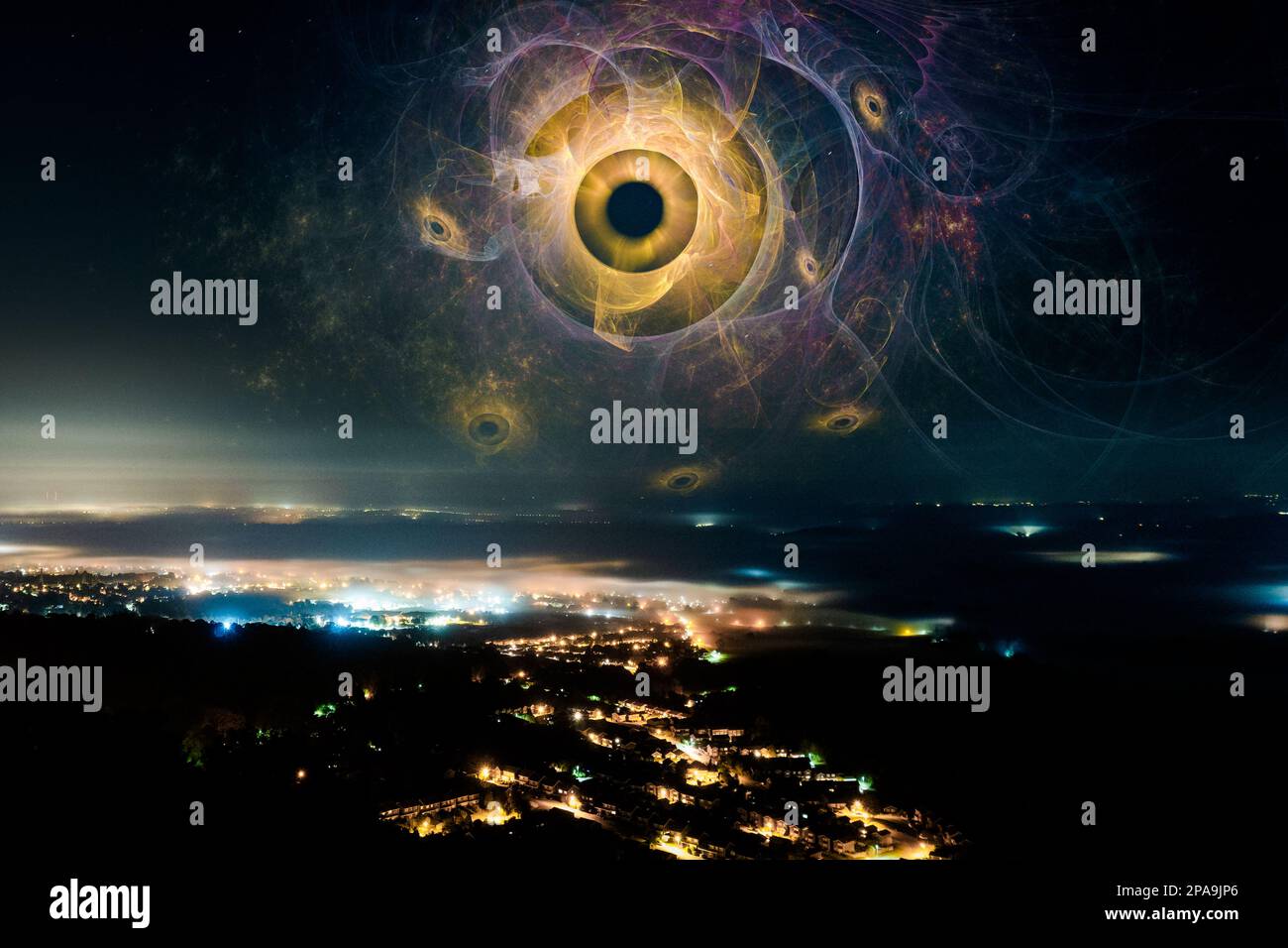 A science fiction concept. A glowing alien eye monster. Floating in the ...