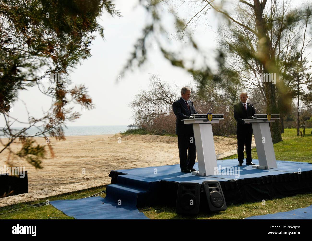 U.S. President George W. Bush, left, and Romanian President Traian ...