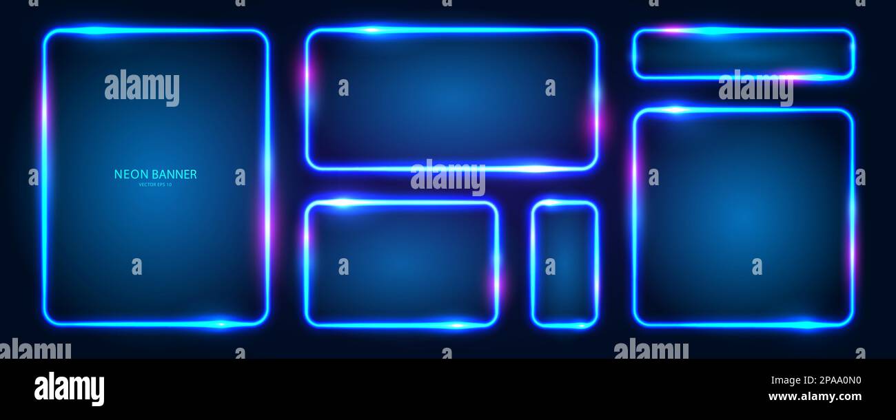 Neon frames with rounded edges with glow effects, highlights on a dark ...