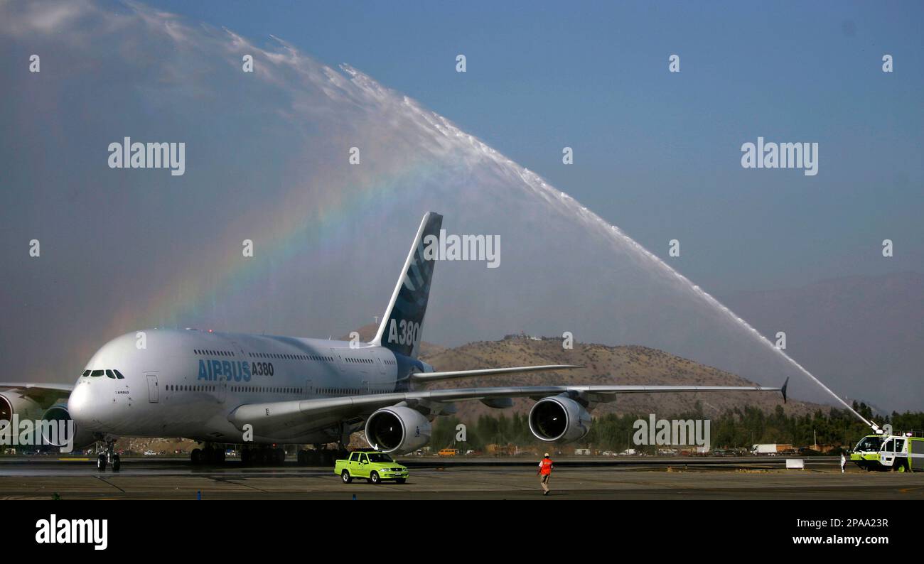 Fire engines spray water on the Airbus A380 for official welcoming ...