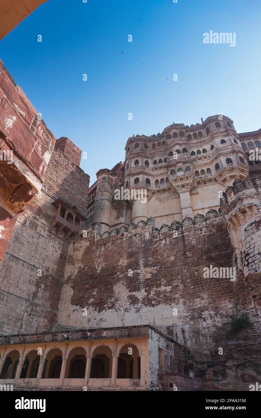 View of ancient huge stone walls of famous Mehrangarh fort , Jodhpur ...