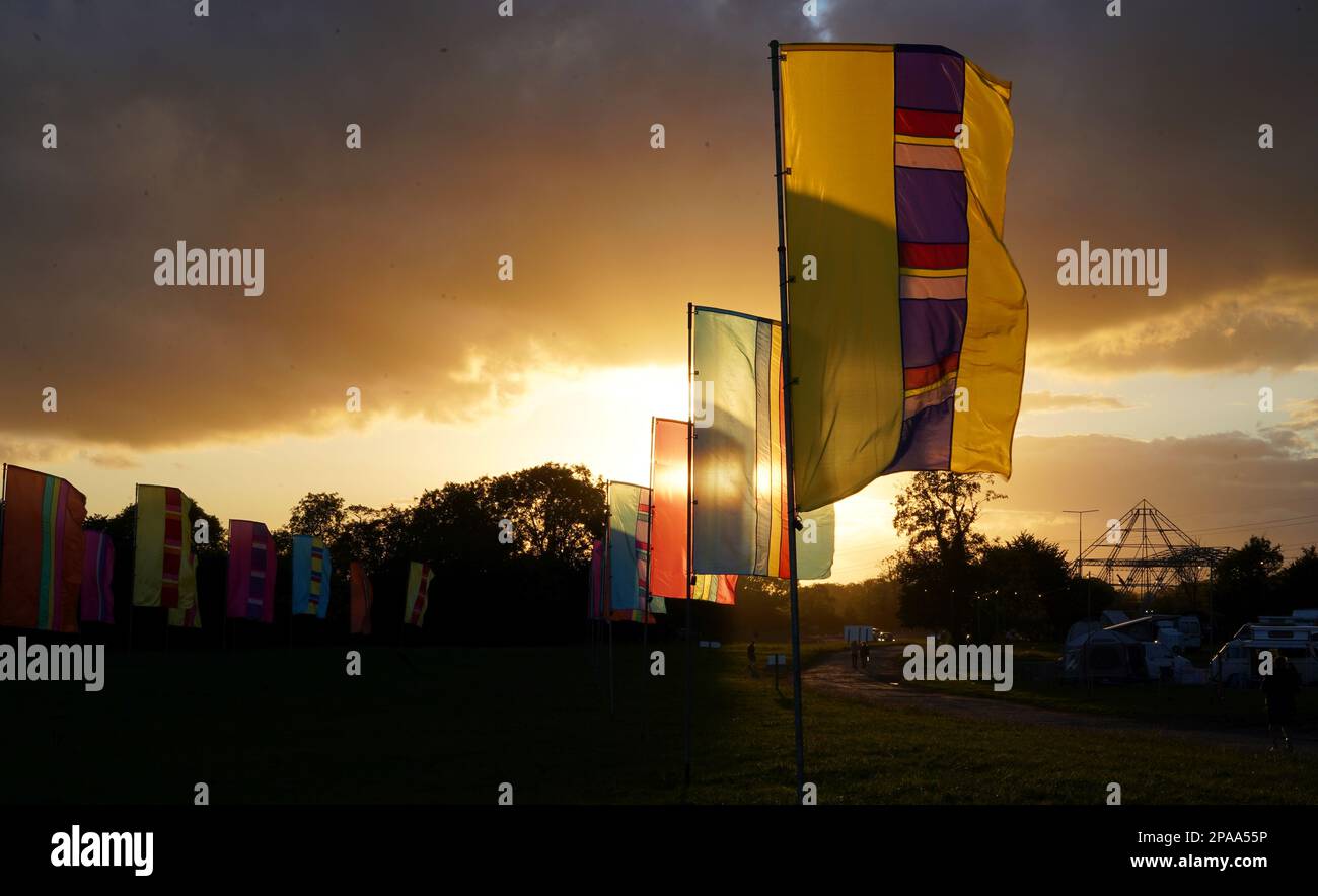 Colourful banners at Worthy Farm, Pilton, home of Glastonbury Festival ...