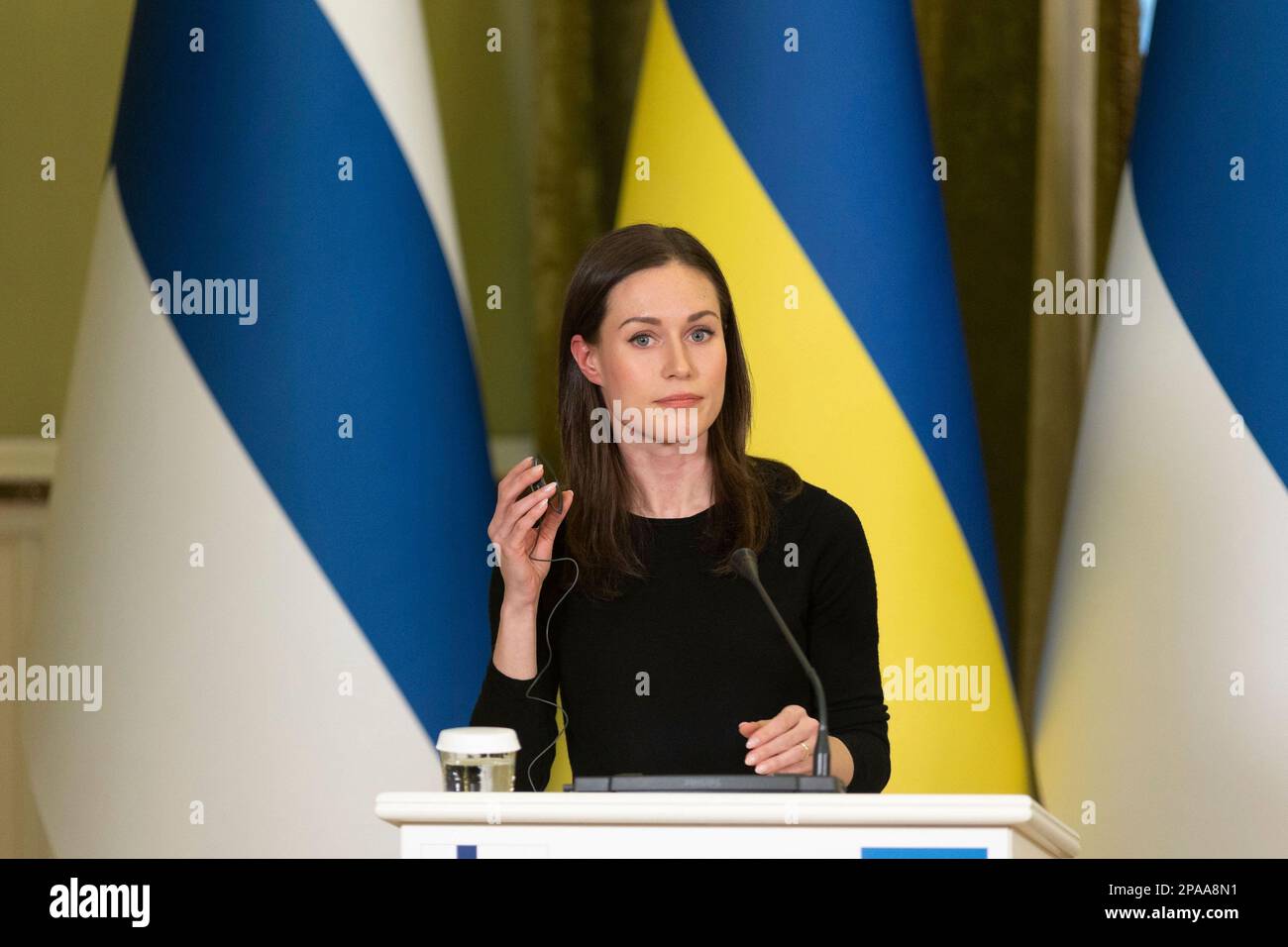 Kyiv, Ukraine. 10th Mar, 2023. Finnish Prime Minister Sanna Marin listens to a question during a ...