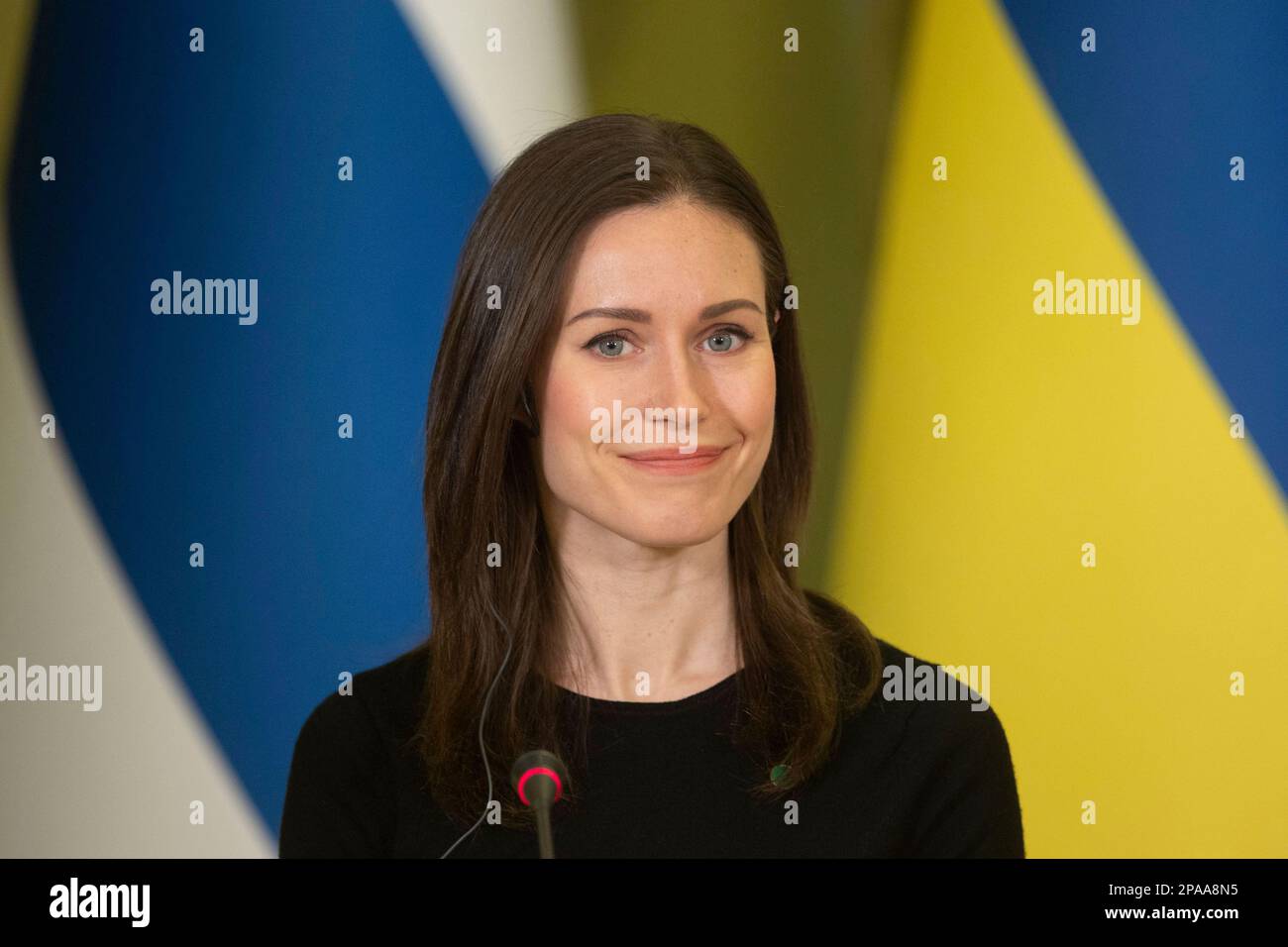 Kyiv, Ukraine. 10th Mar, 2023. Finnish Prime Minister Sanna Marin listens to a question during a ...