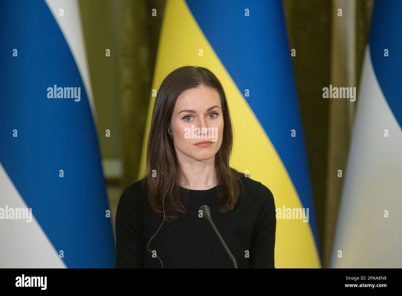 Kyiv, Ukraine. 10th Mar, 2023. Finnish Prime Minister Sanna Marin listens to a question during a ...