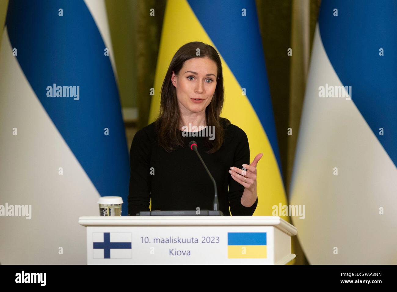 Kyiv, Ukraine. 10th Mar, 2023. Finnish Prime Minister Sanna Marin listens to a question during a ...