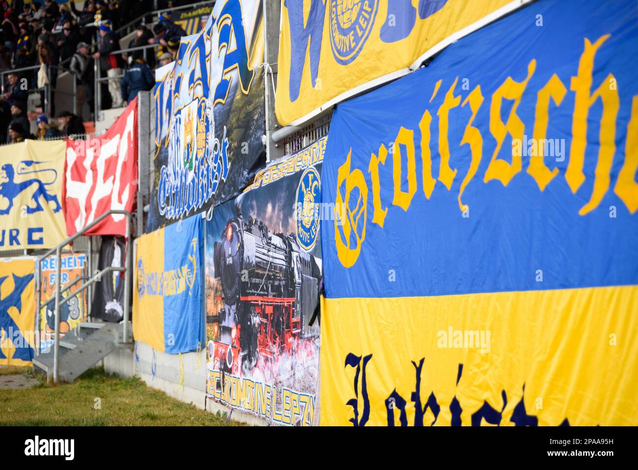Banner of Fans of Lok Leipzig at the away section before the ...