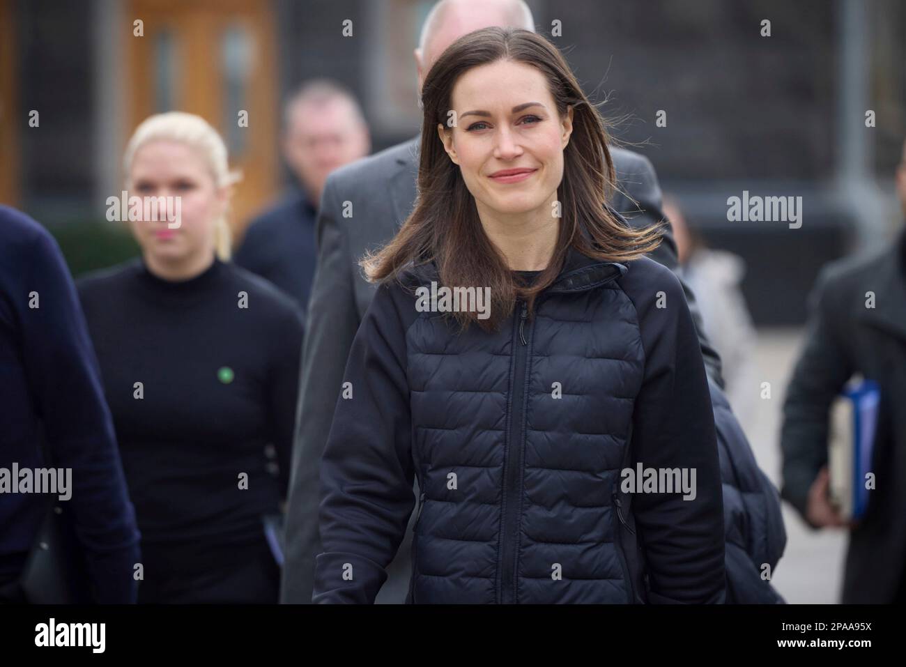 Kyiv, Ukraine. 10th Mar, 2023. Finnish Prime Minister Sanna Marin walks down Constitution Square ...