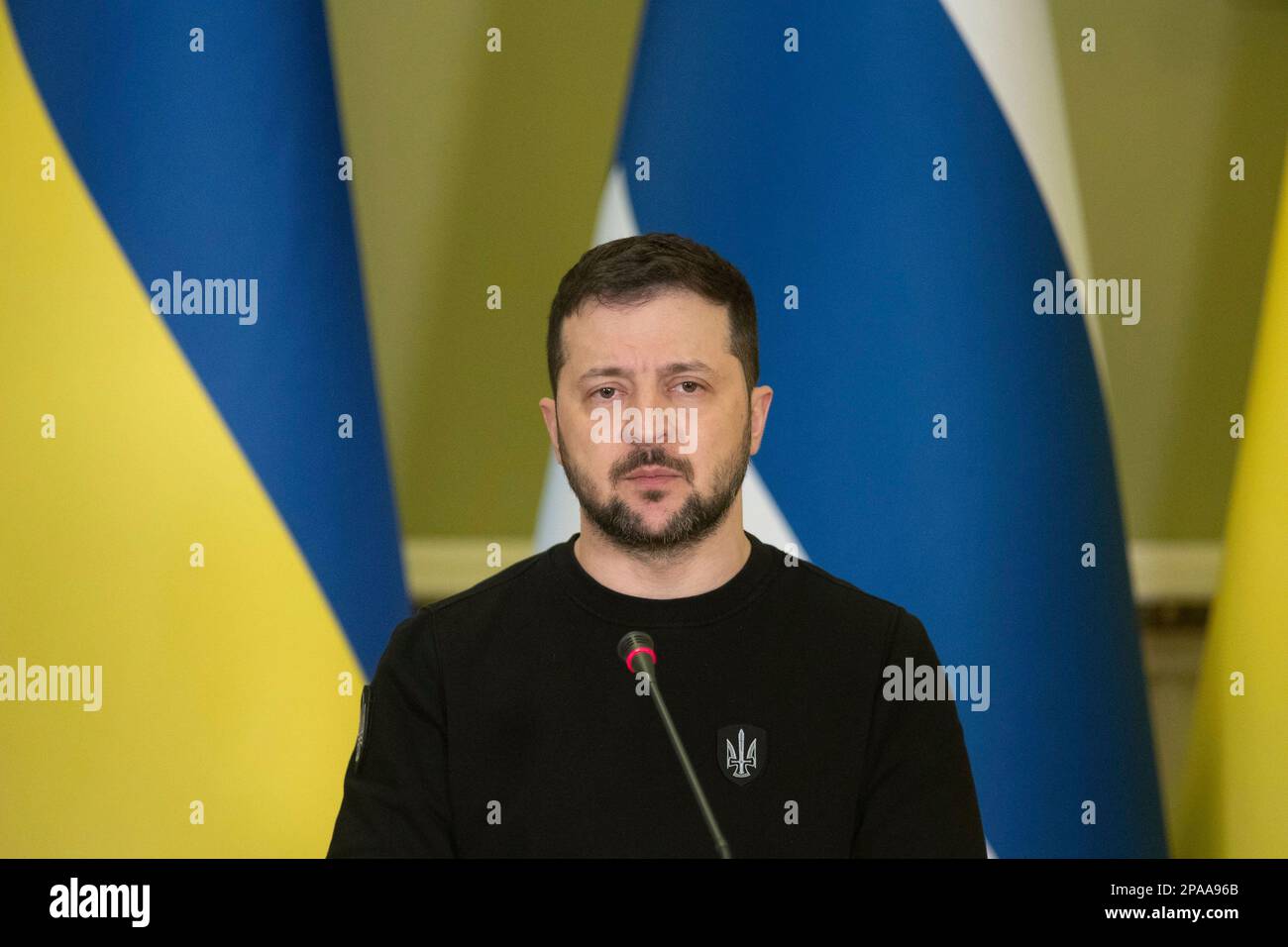 Kyiv, Ukraine. 10th Mar, 2023. Ukrainian President Volodymyr Zelenskyy listens to a question ...