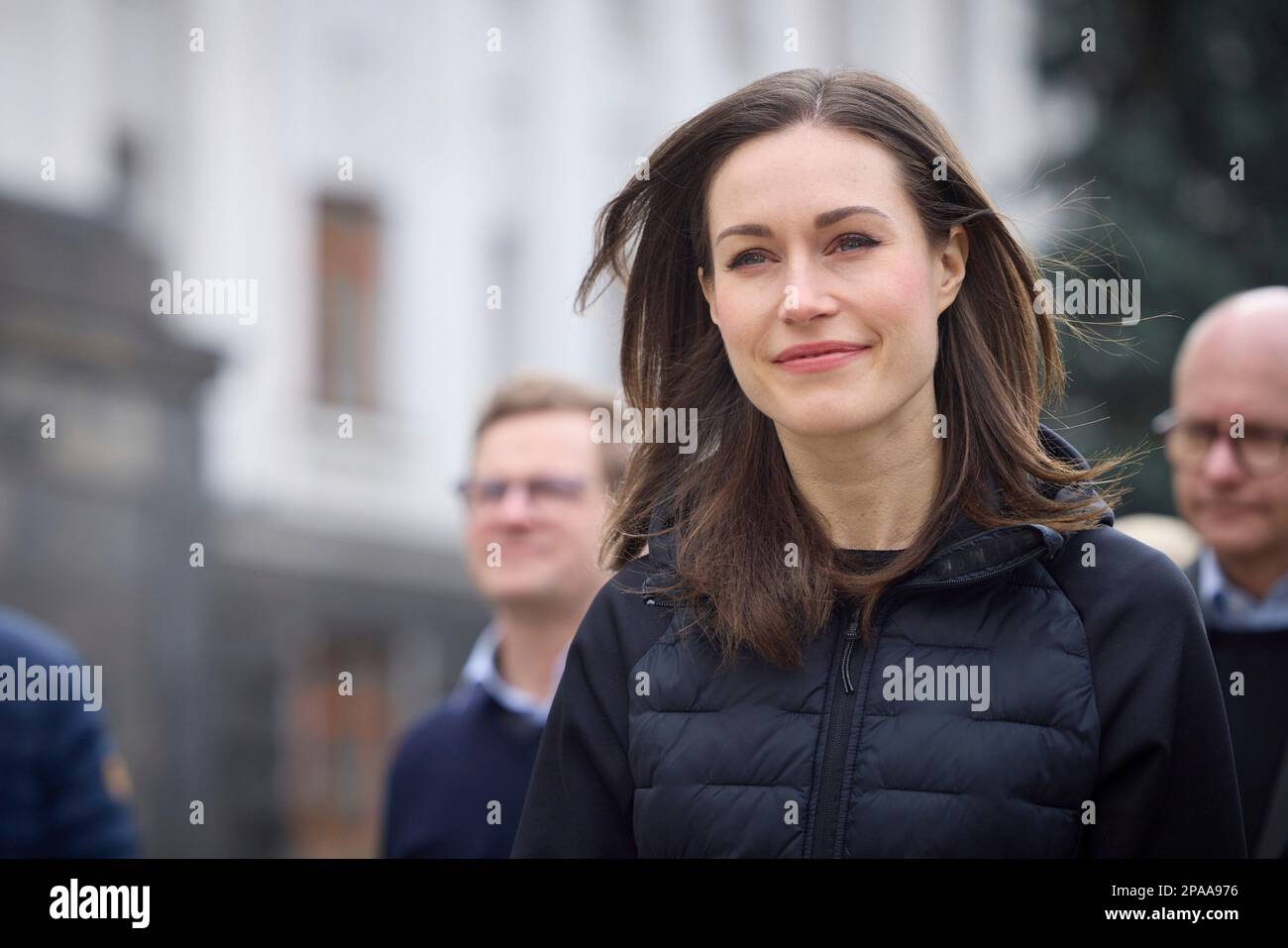 Kyiv, Ukraine. 10th Mar, 2023. Finnish Prime Minister Sanna Marin walks down Constitution Square ...