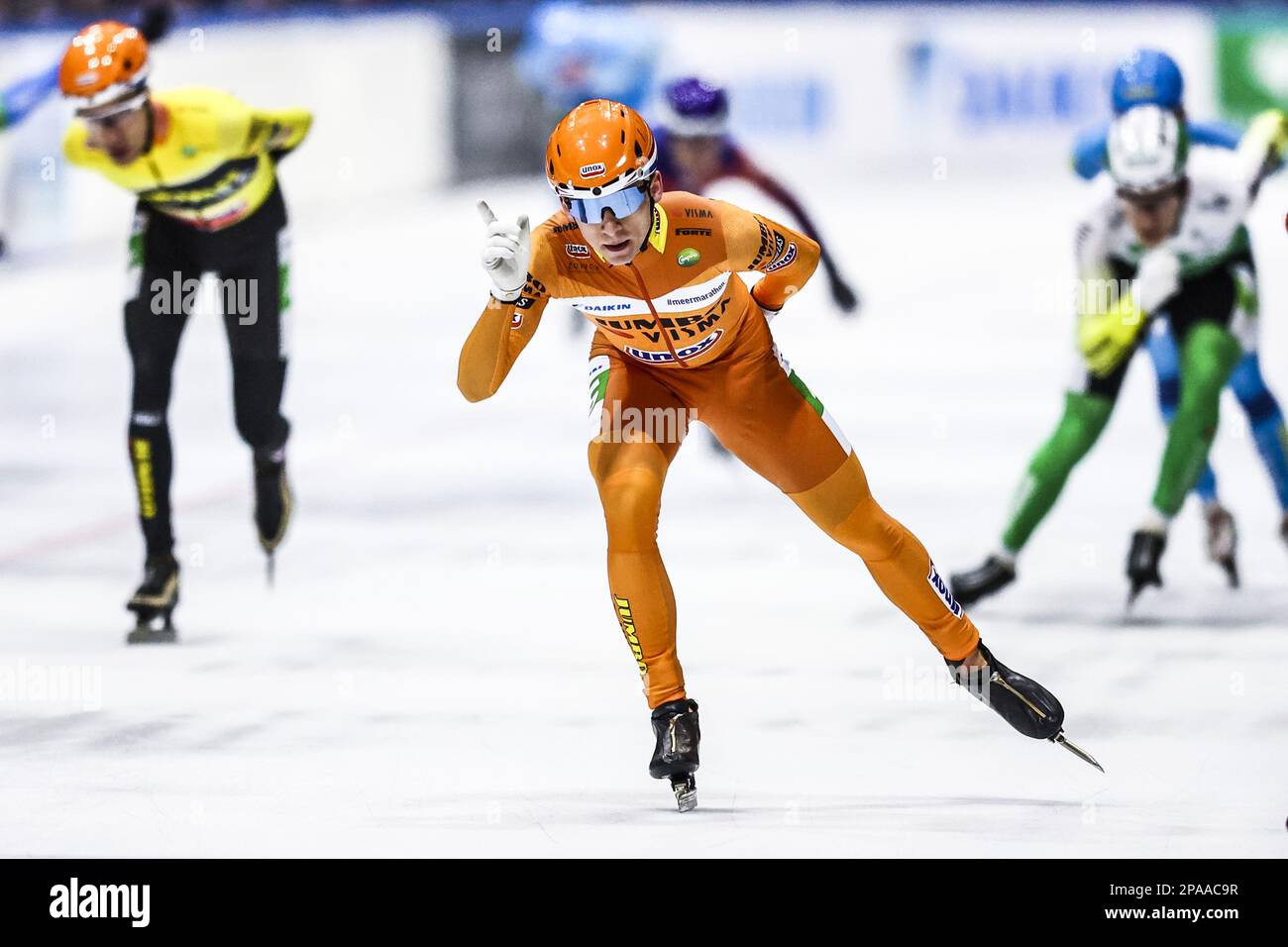 LEEUWARDEN - Harm Visser in the orange leader's suit cheers after ...