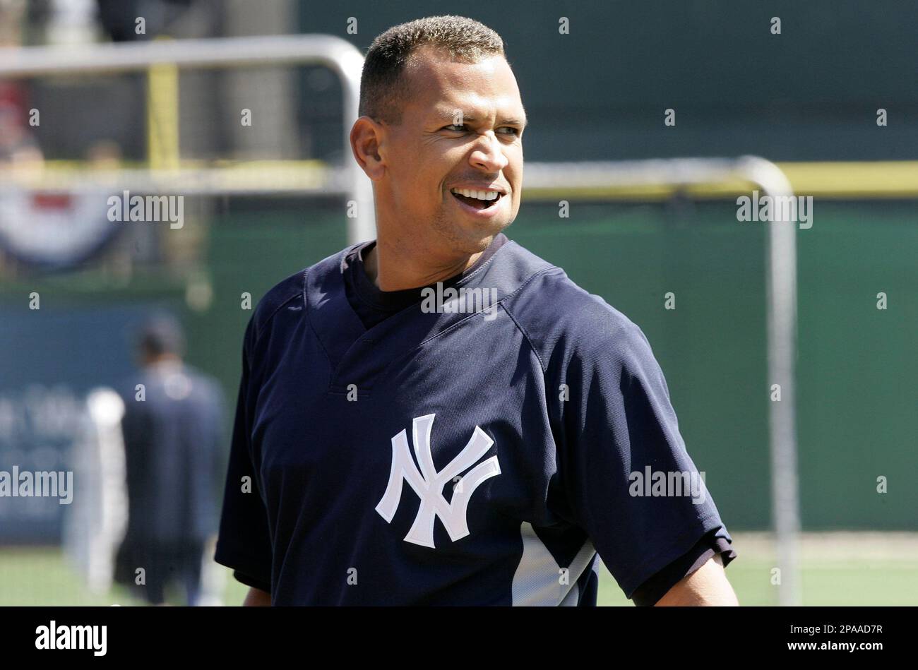 New York Yankees' Alex Rodriguez laughs during warmups before a ...