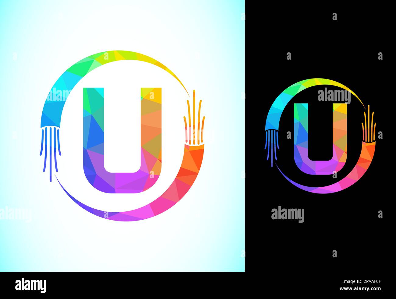 Polygonal alphabet U with electric wire, and optical fiber cable. Low ...
