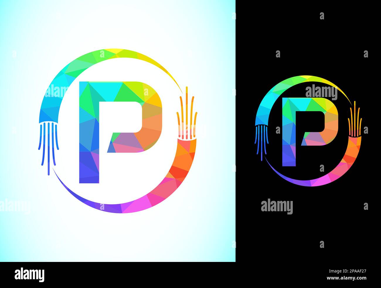 Polygonal alphabet P with electric wire, and optical fiber cable. Low ...