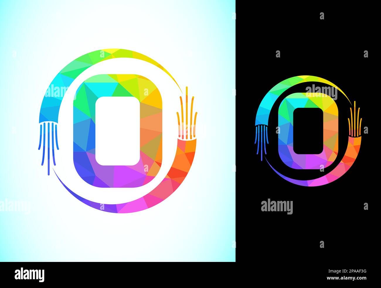 Polygonal alphabet O with electric wire, and optical fiber cable. Low ...