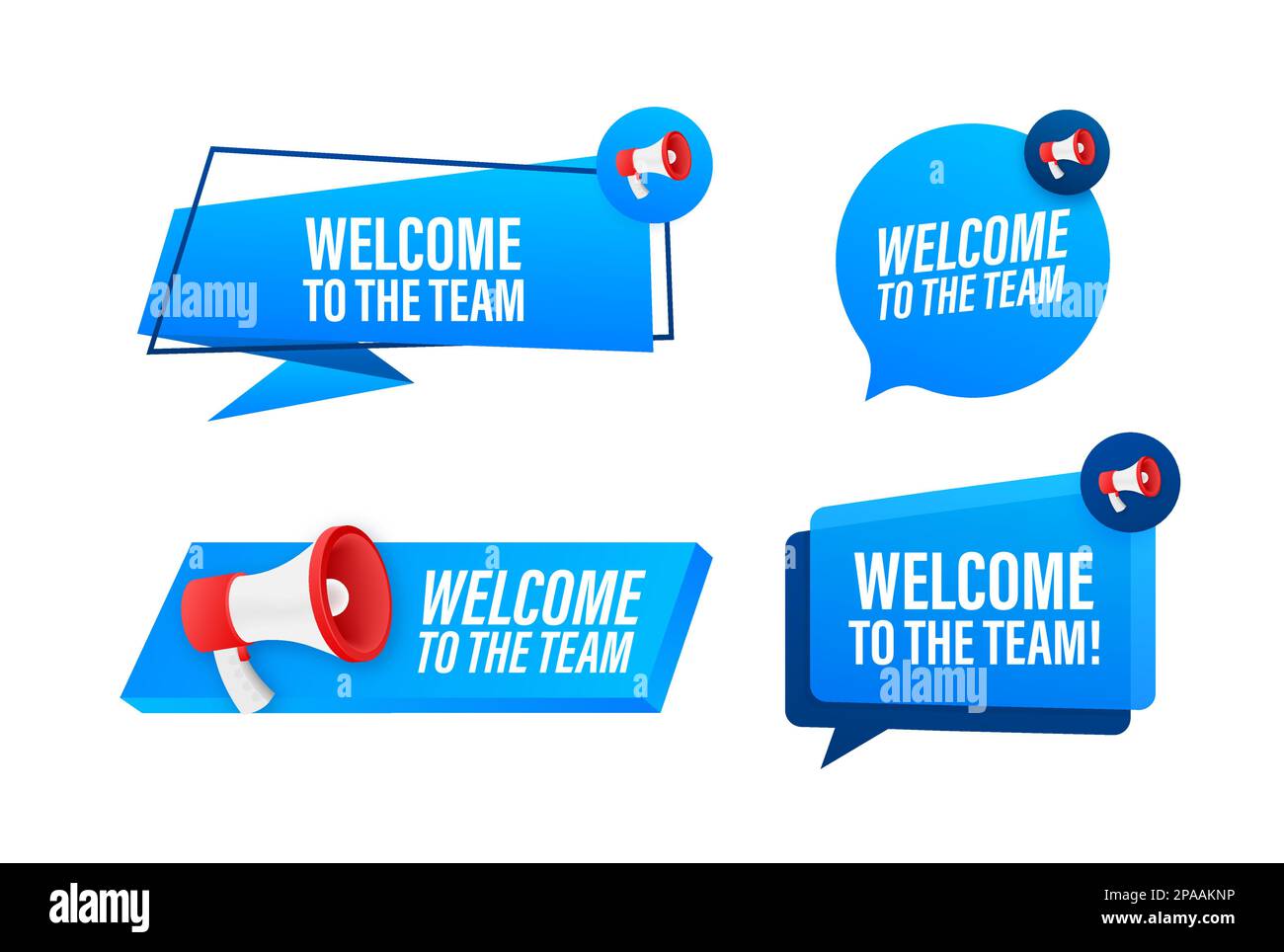 Megaphone label set with text Welcome to the team. Megaphone in hand promotion banner. Marketing ...