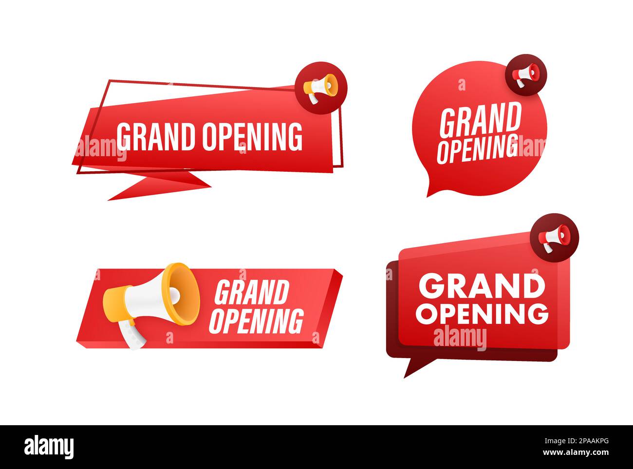 Megaphone label set with text grand opening. Megaphone in hand ... Megaphone label set with text grand opening. Megaphone in hand ...