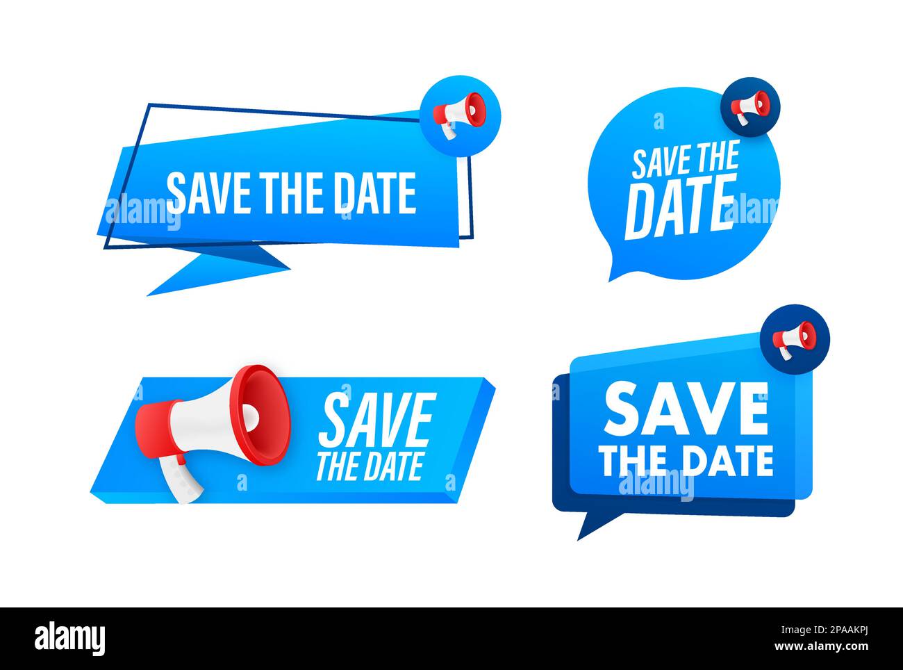 Megaphone label set with text save the date. Megaphone in hand ...