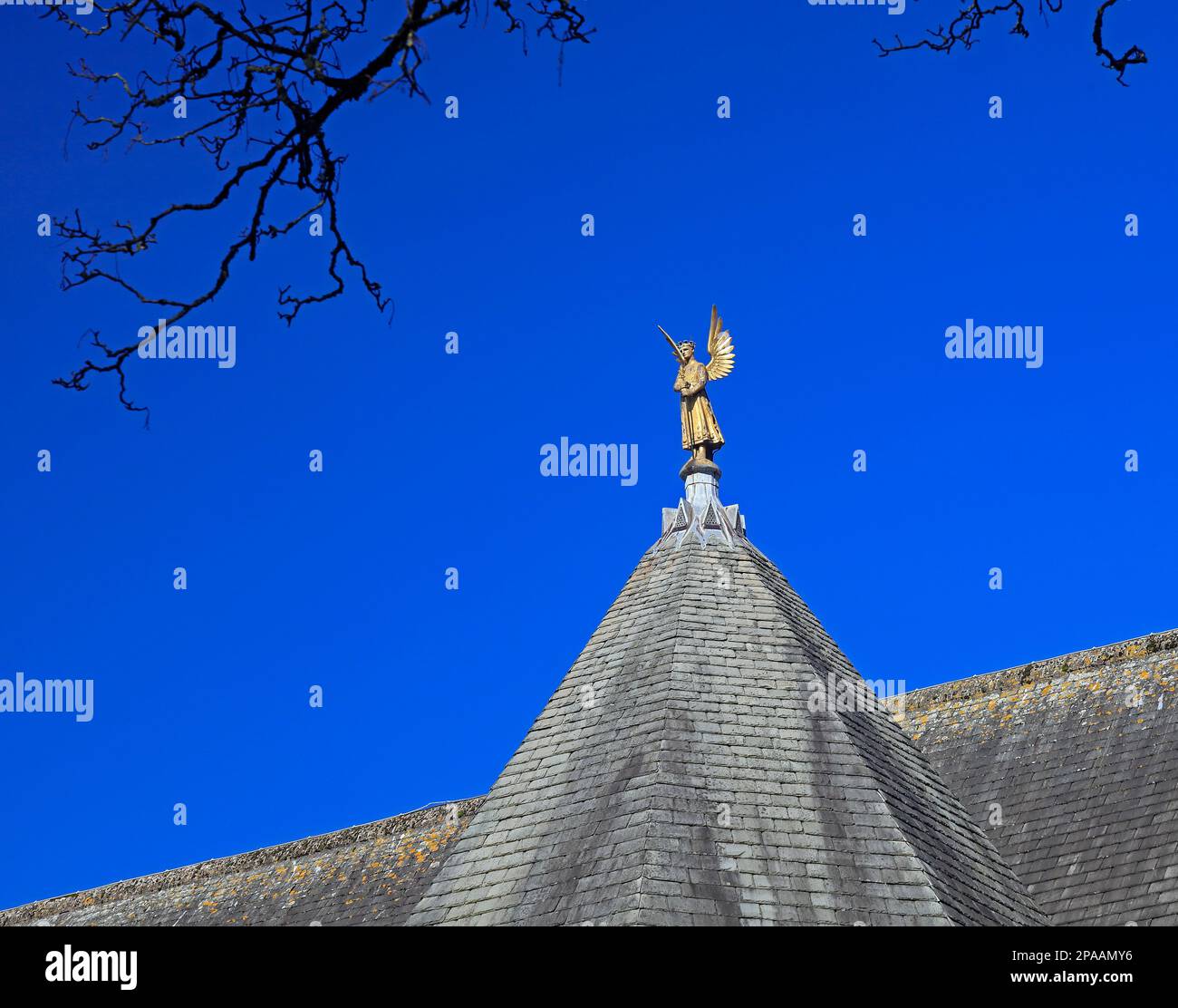 Golden angel statue on the roof. Llandaff Cathedral, Cardiff, South ...