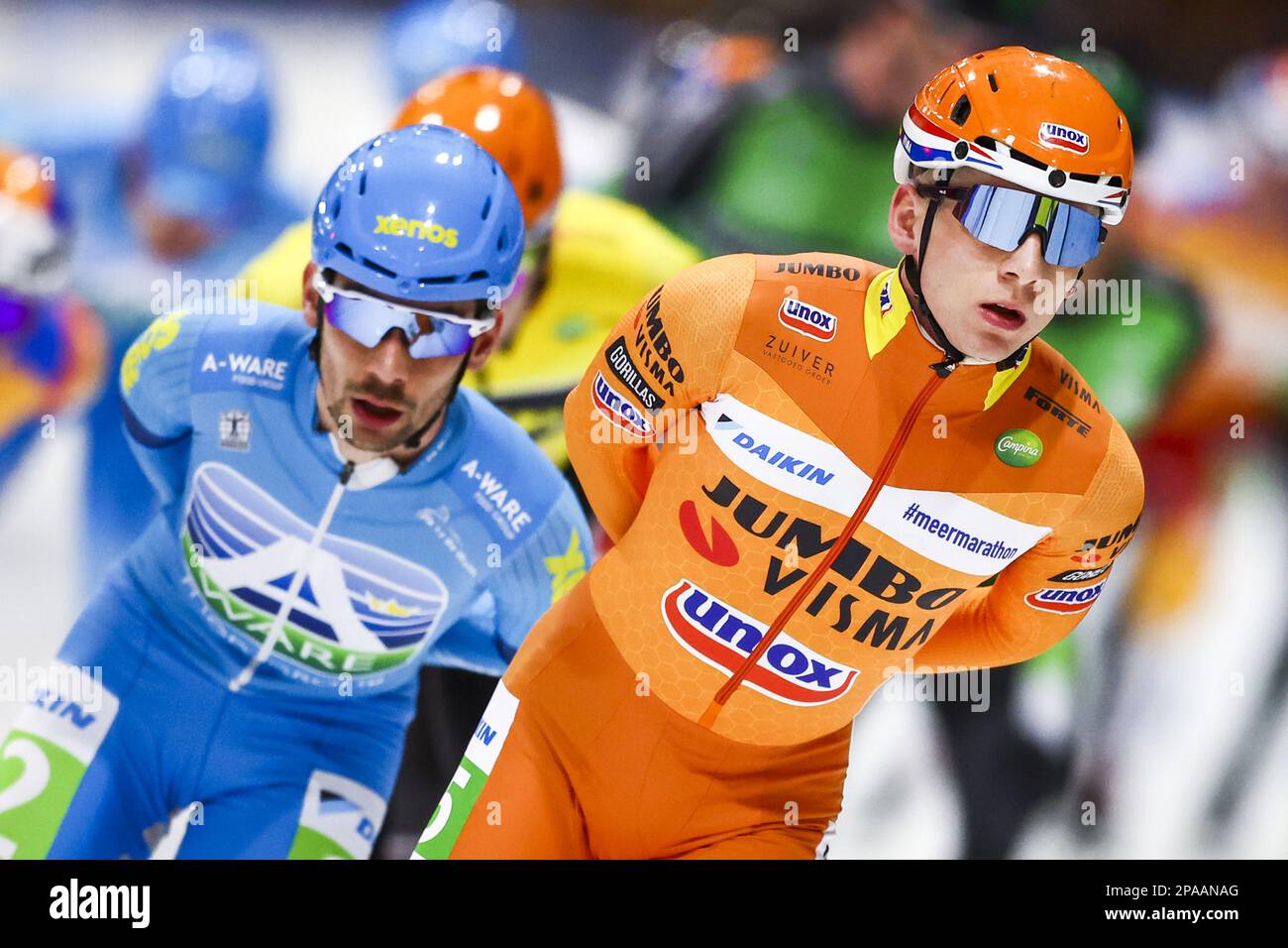 LEEUWARDEN - Sjoerd den Hertog, Harm Visser in the orange leader's suit ...