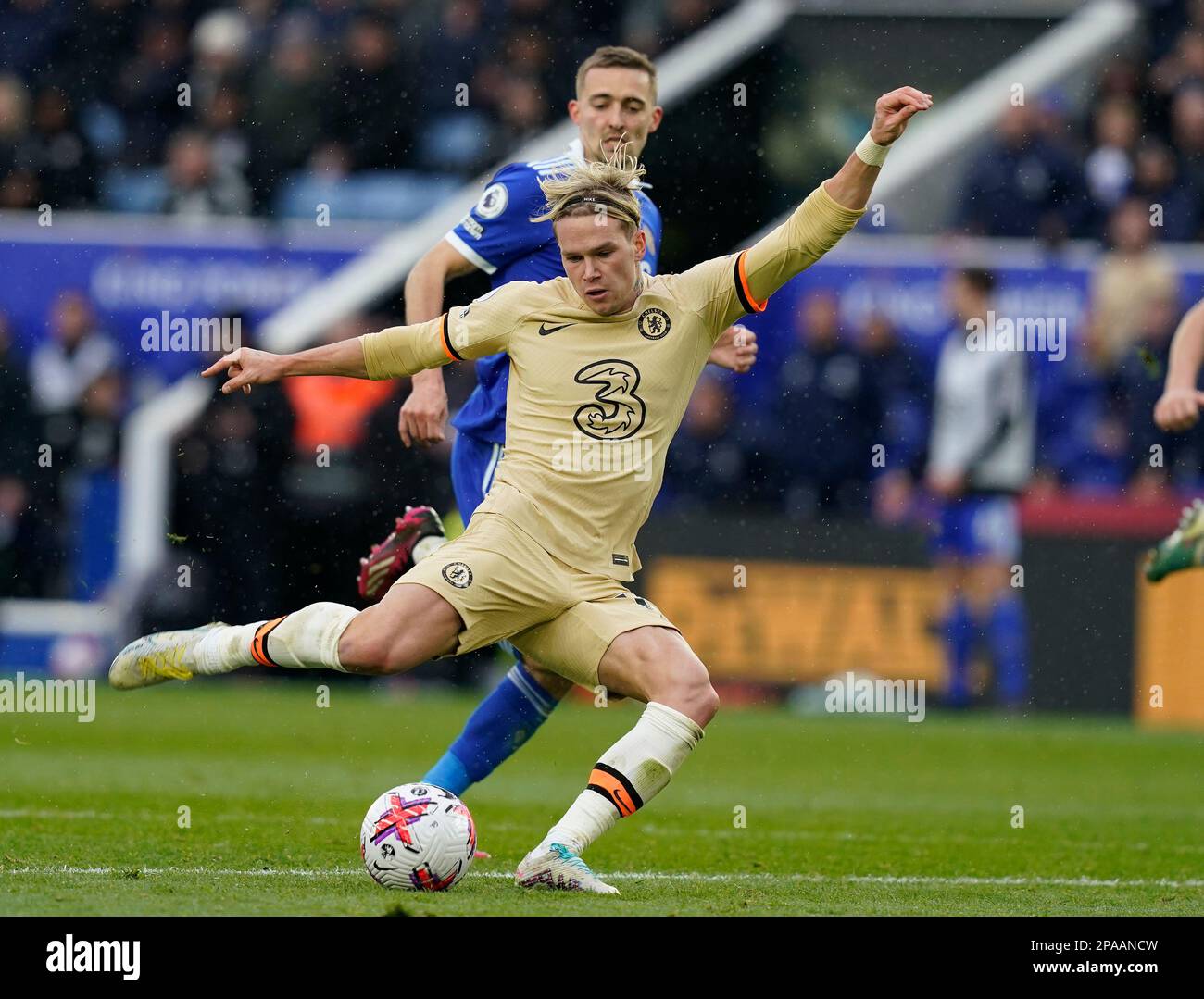 Leicester, UK. 11th Mar, 2023. Mykhaylo Mudryk of Chelsea has a shot ...