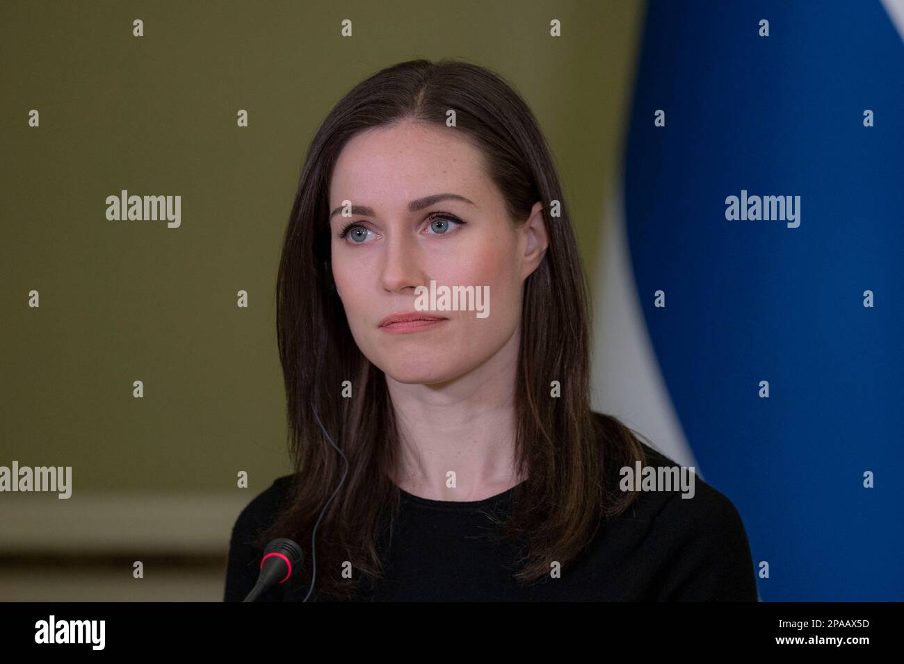 Kyiv, Ukraine. 10th Mar, 2023. Finnish Prime Minister Sanna Marin listens to a question during a ...