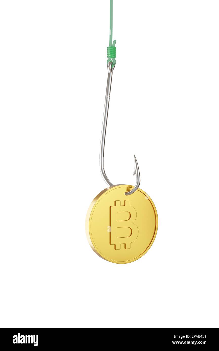 Fishing hook with a bitcoin isolated on white background. 3d ...