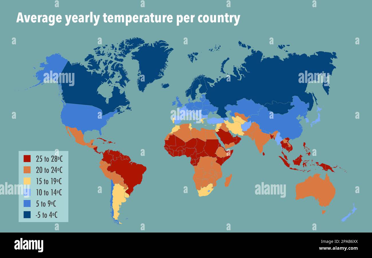 World map with average yearly temperature per country Stock Photo - Alamy