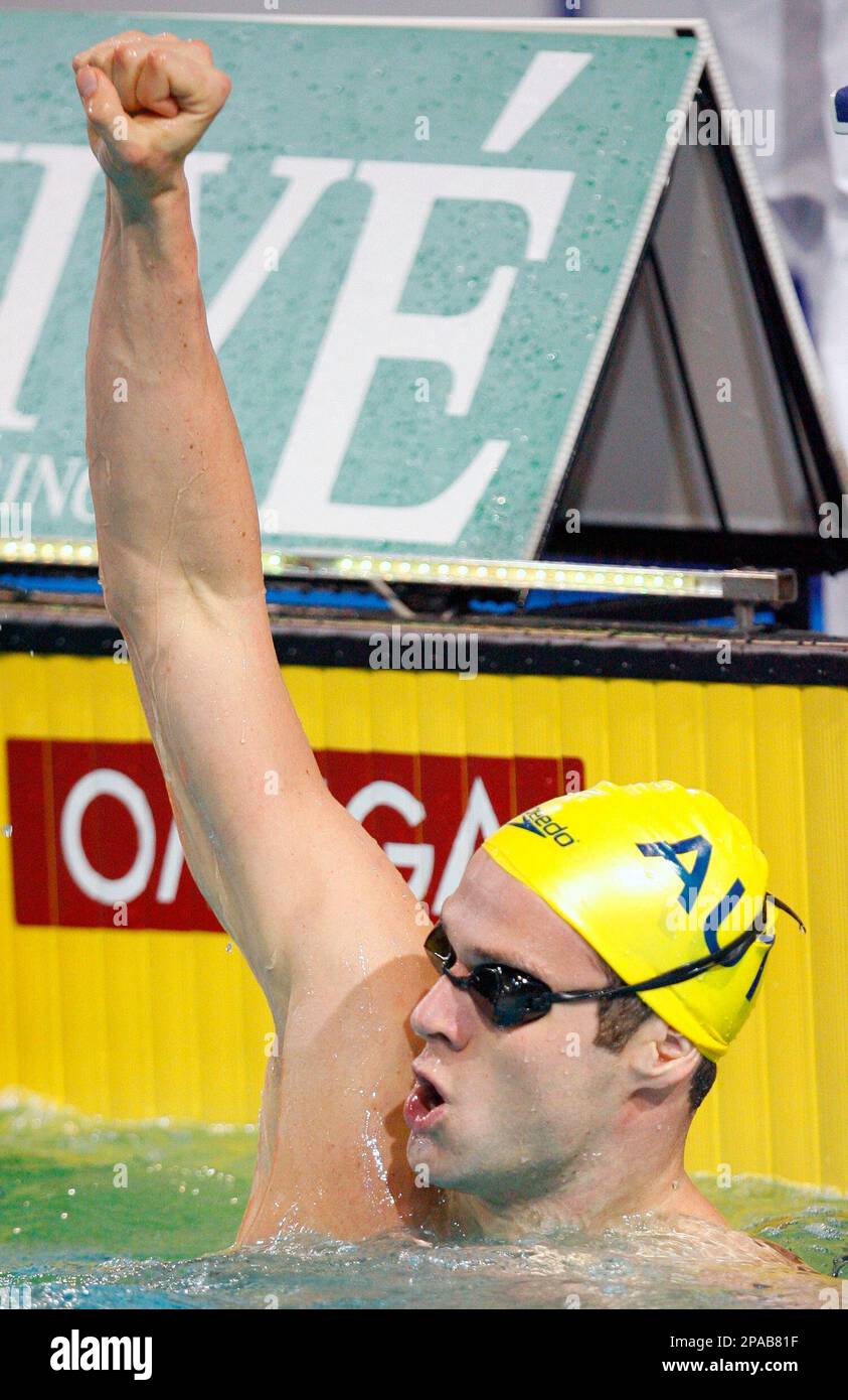 Austria's Markus Rogan reacts after winning the gold medal in the Men's ...