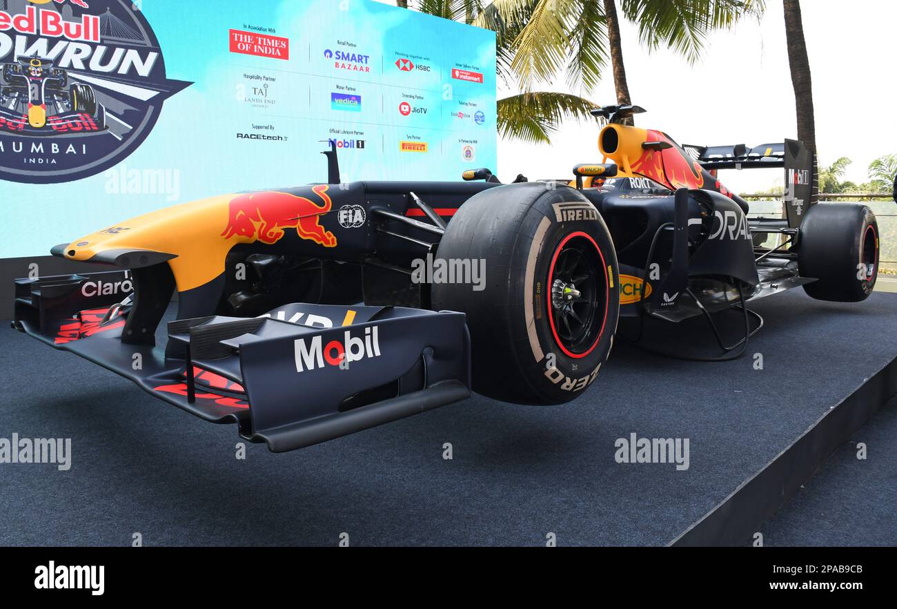 Red Bull RB7 Formula One racing car is kept on display at a press conference in Mumbai Stock ...