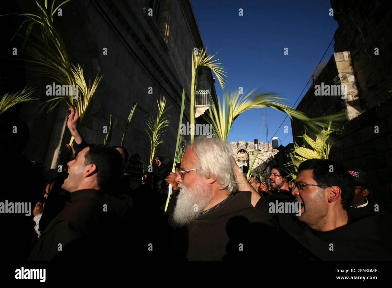 Franciscan monks holding palm leaves participate in the traditional ...