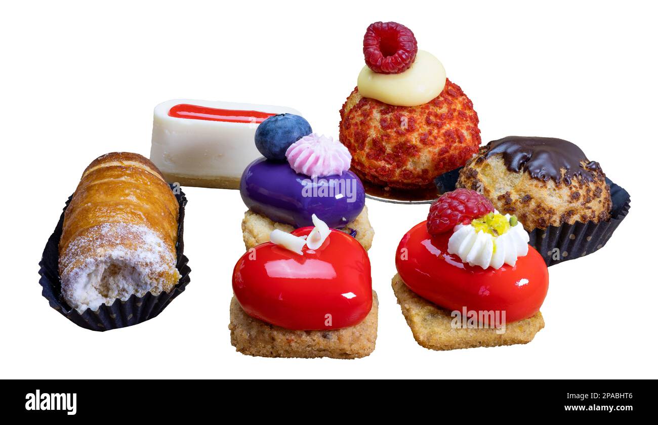 tasty various colorful pastries, isolated, white background Stock Photo ...