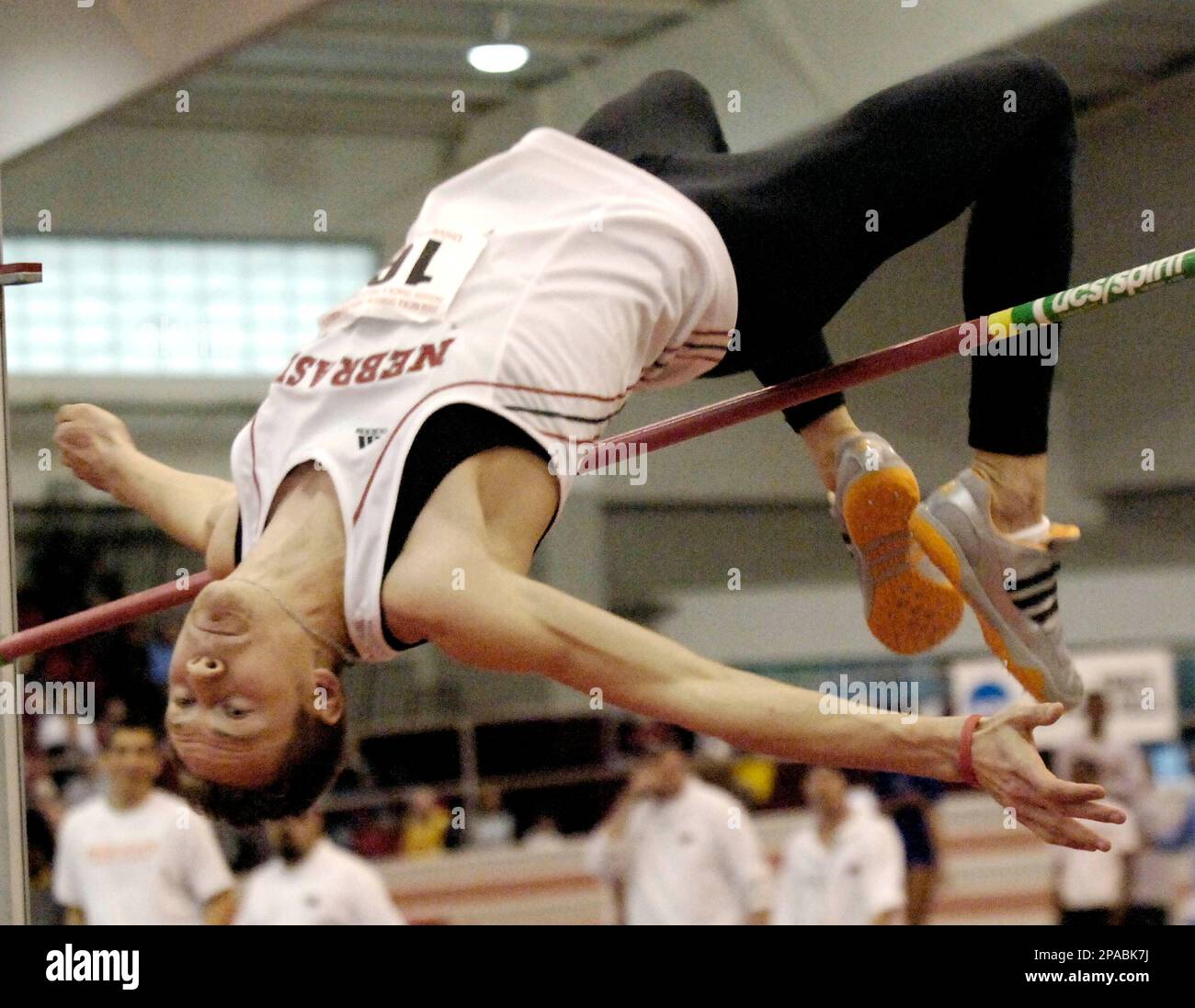 Nebraska's Dusty Jonas make a jump during the high jump competition at ...