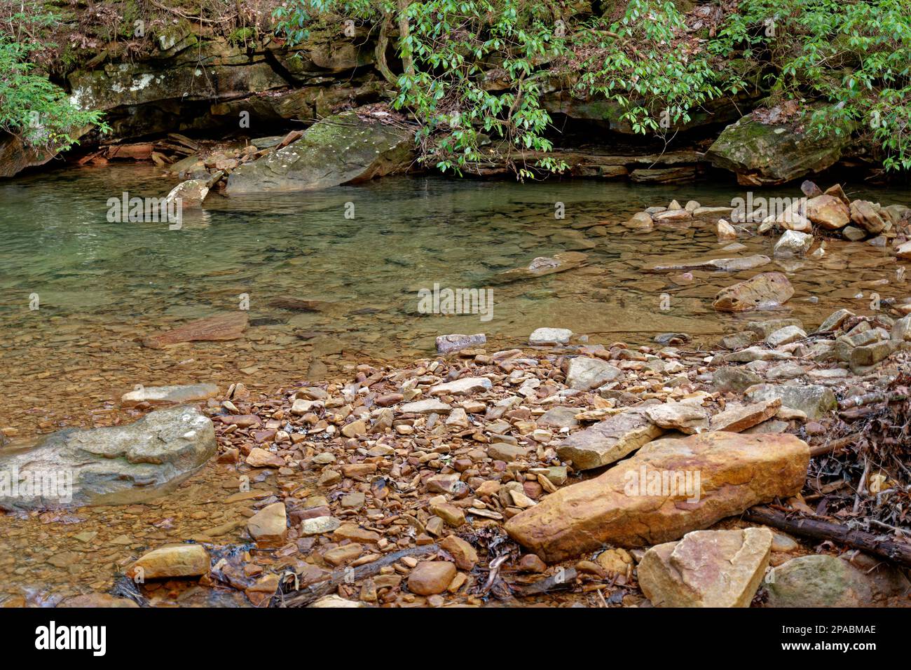 Clean and transparent water in a creek with colorful rocks and boulders ...