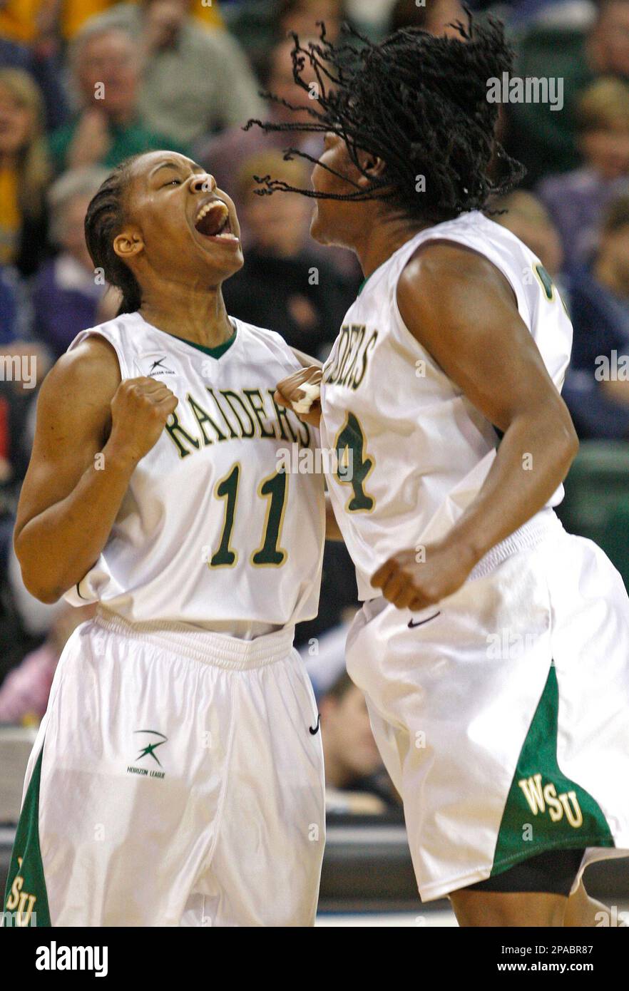 Wright State's Sierra Crayton, right, celebrates with teammate Shey ...