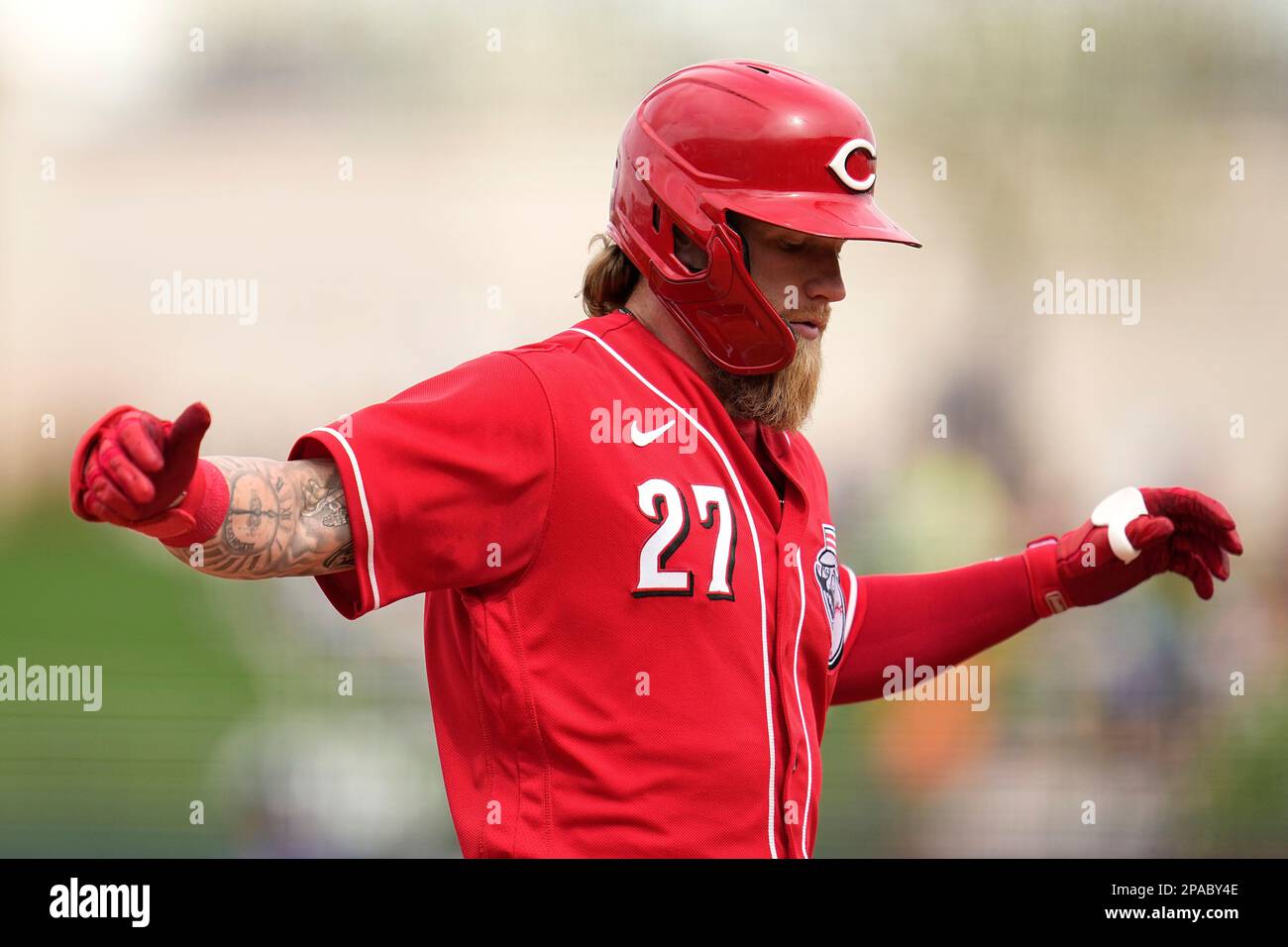 Cincinnati Reds' Jake Fraley (27) celebrates while crossing home plate ...