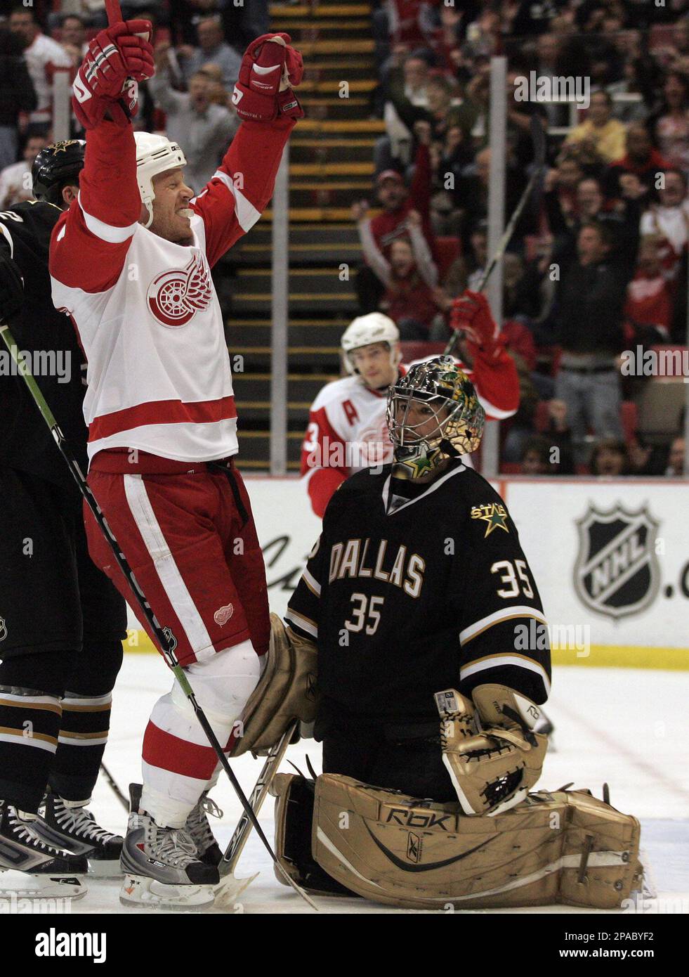Detroit Red Wings' Johan Franzen, left, celebrates his goal against ...