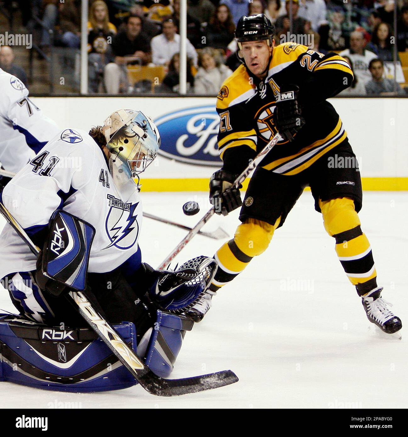 Tampa Bay Lightning goaltender Mike Smith (41) makes a save as Boston ...