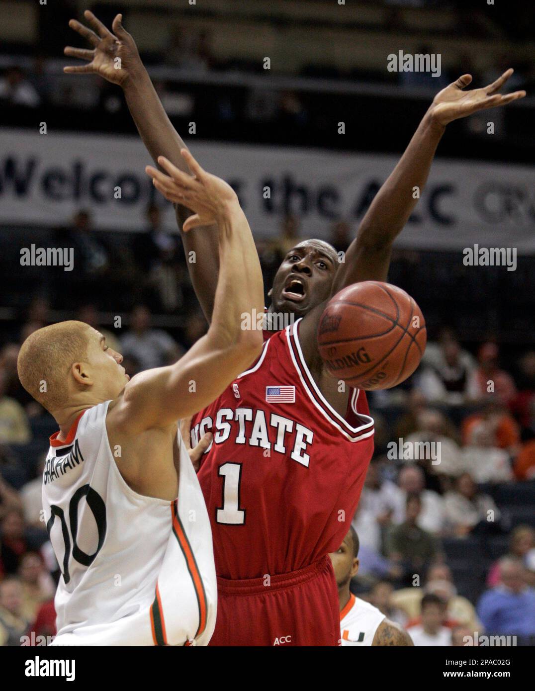 Miami's Jimmy Graham, left, battles North Carolina State's J.J. Hickson ...