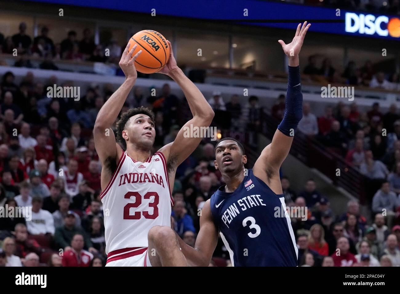 Indiana's Trayce Jackson-Davis (23) shoots against Penn State's Kebba Njie (3) during the second ...