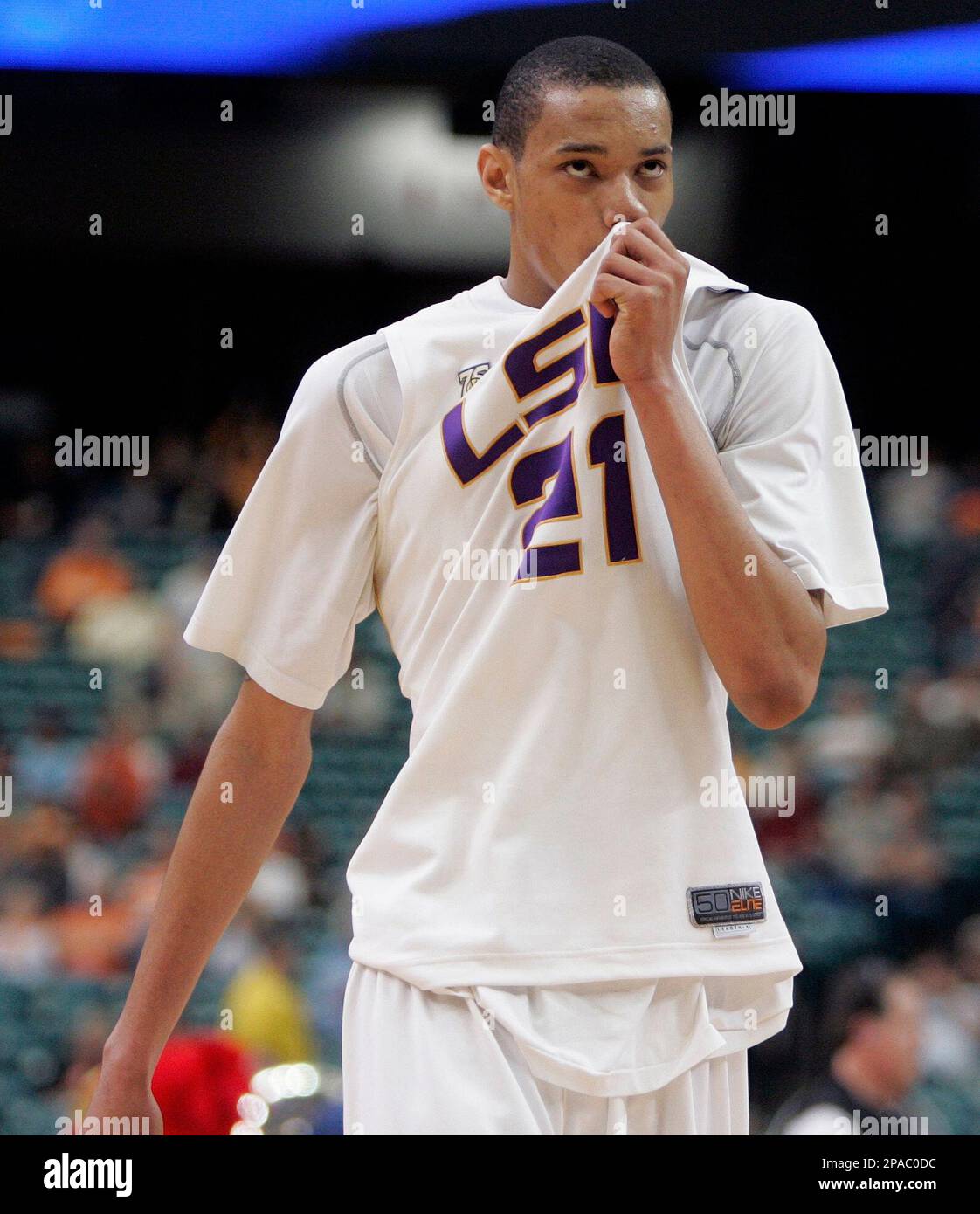 LSU center Chris Johnson (21) walks off the court after losing to South ...