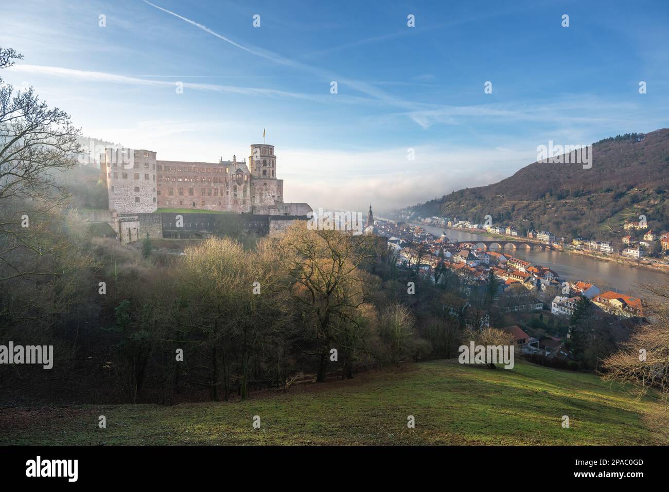 Old Town aerial view with Heidelberg Castle and Old Bridge (Alte Brucke) - Heidelberg, Germany ...