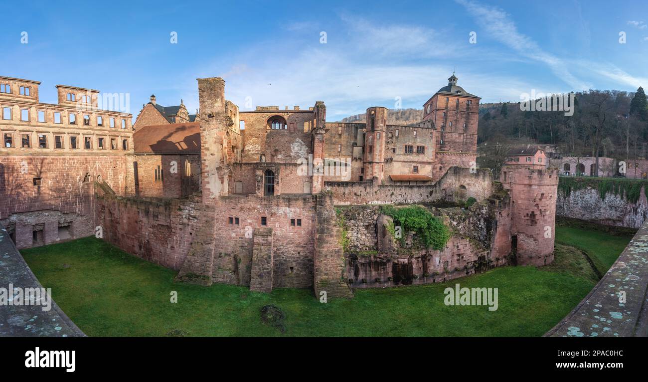 Panoramic view of Heidelberg Castle ruins with English Wing, Library ...