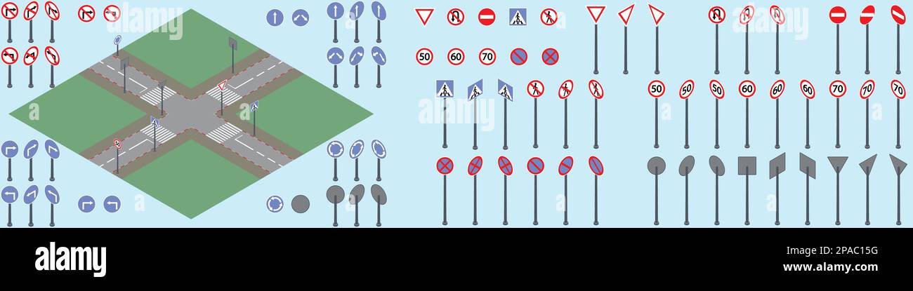 Isometric crossroads, icon set and isometric city traffic signs set ...