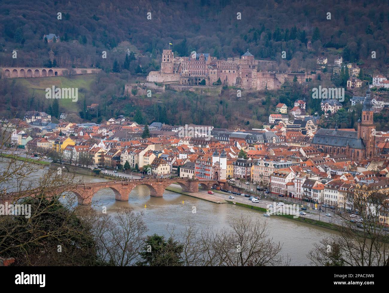 Aerial view of Old Town with Heidelberg Castle and Old Bridge (Alte ...
