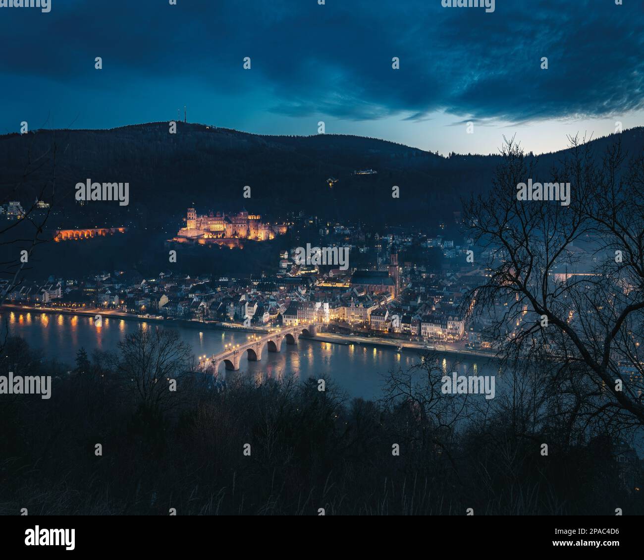 Aerial view of Old Town at night with Heidelberg Castle and Old Bridge ...